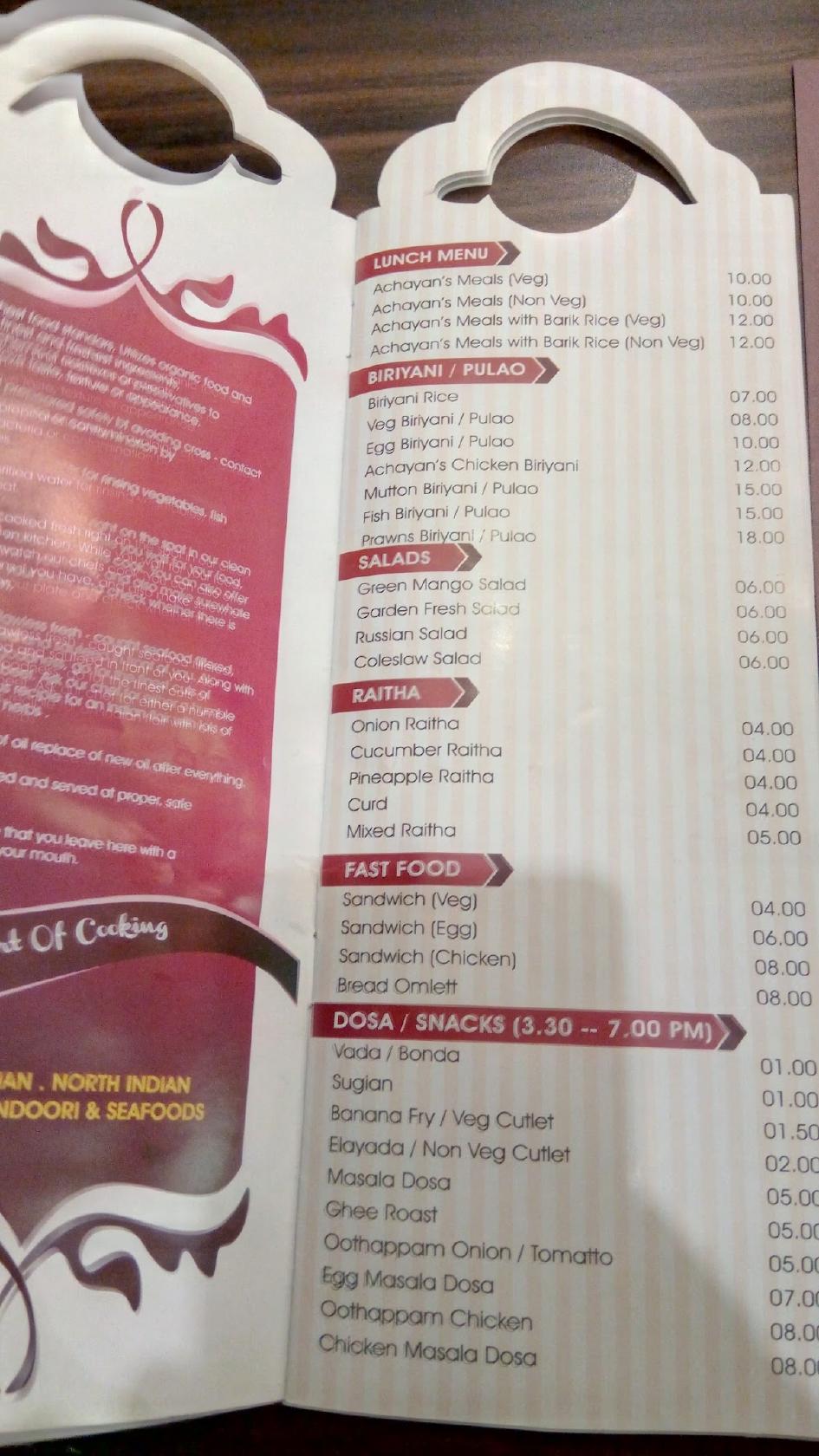 Menu at Achayan's Restaurant, Ajman
