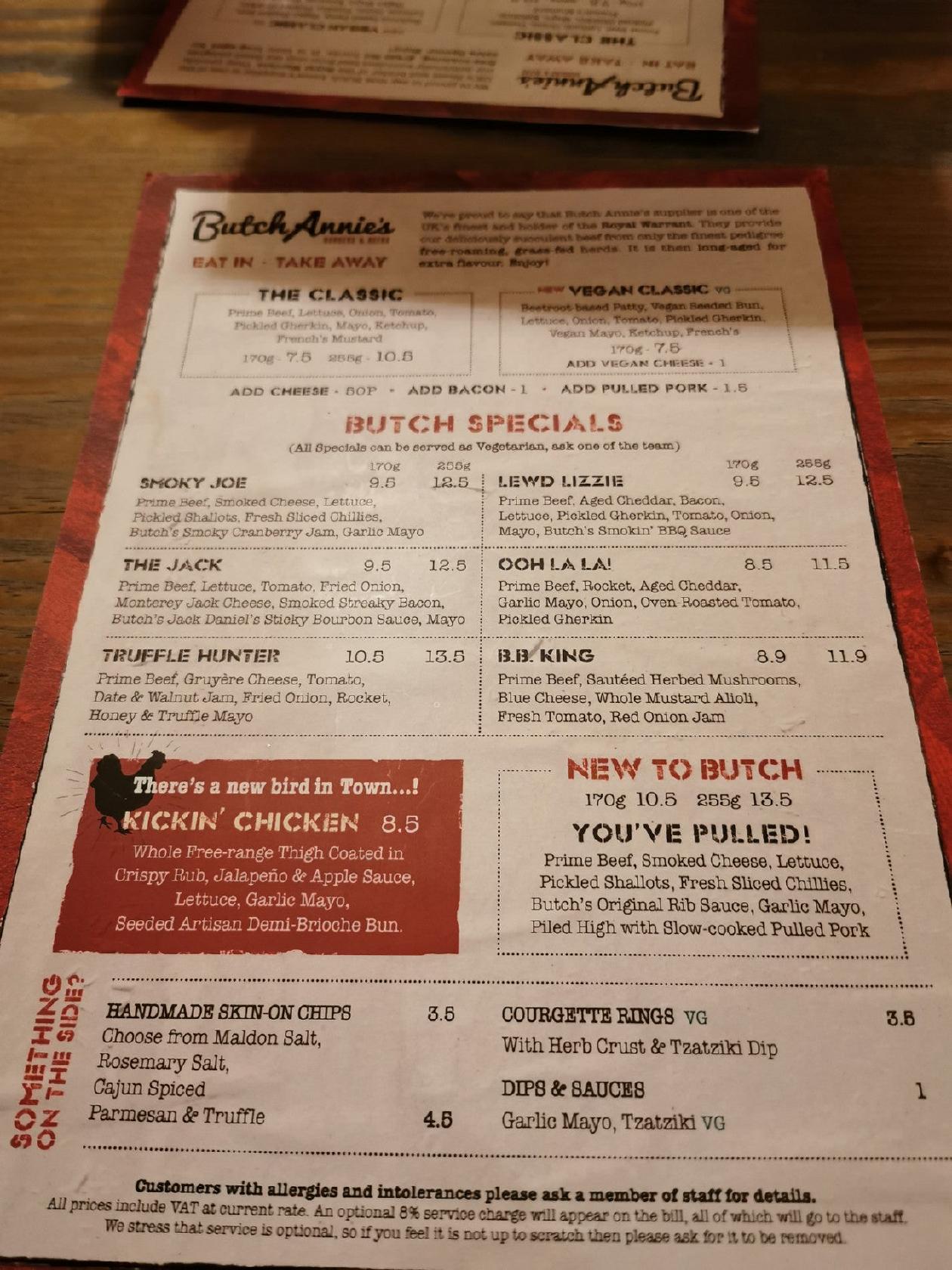 Menu at Butch Annie's restaurant, Cambridge