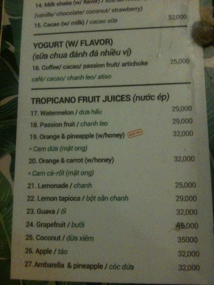 Menu at Cà Phê Tropicano cafe, Hanoi
