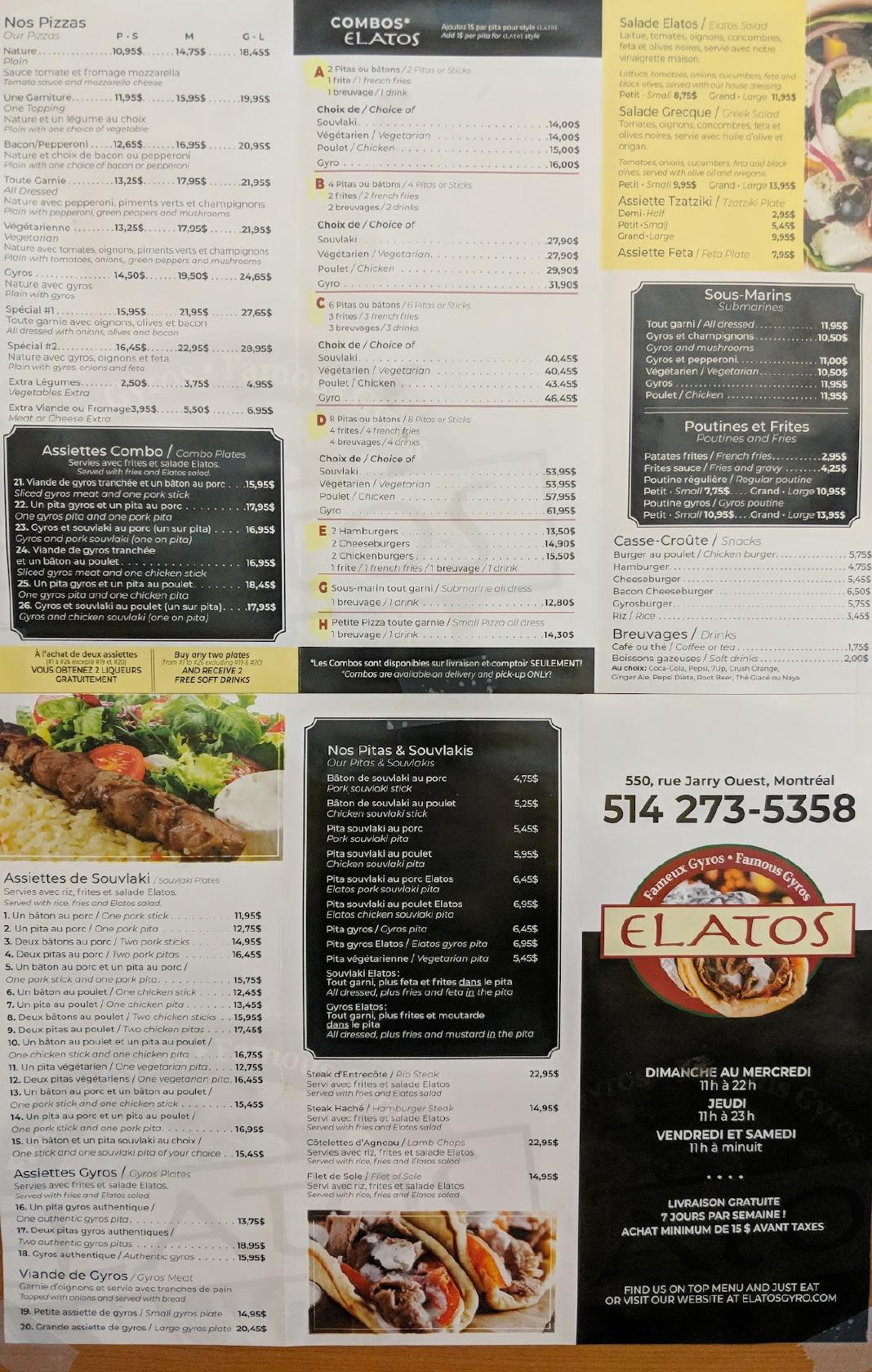 Menu au Fameux Gyros Elatos restaurant, Montréal