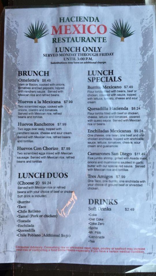Menu at Hacienda Mexico restaurant, Bartow