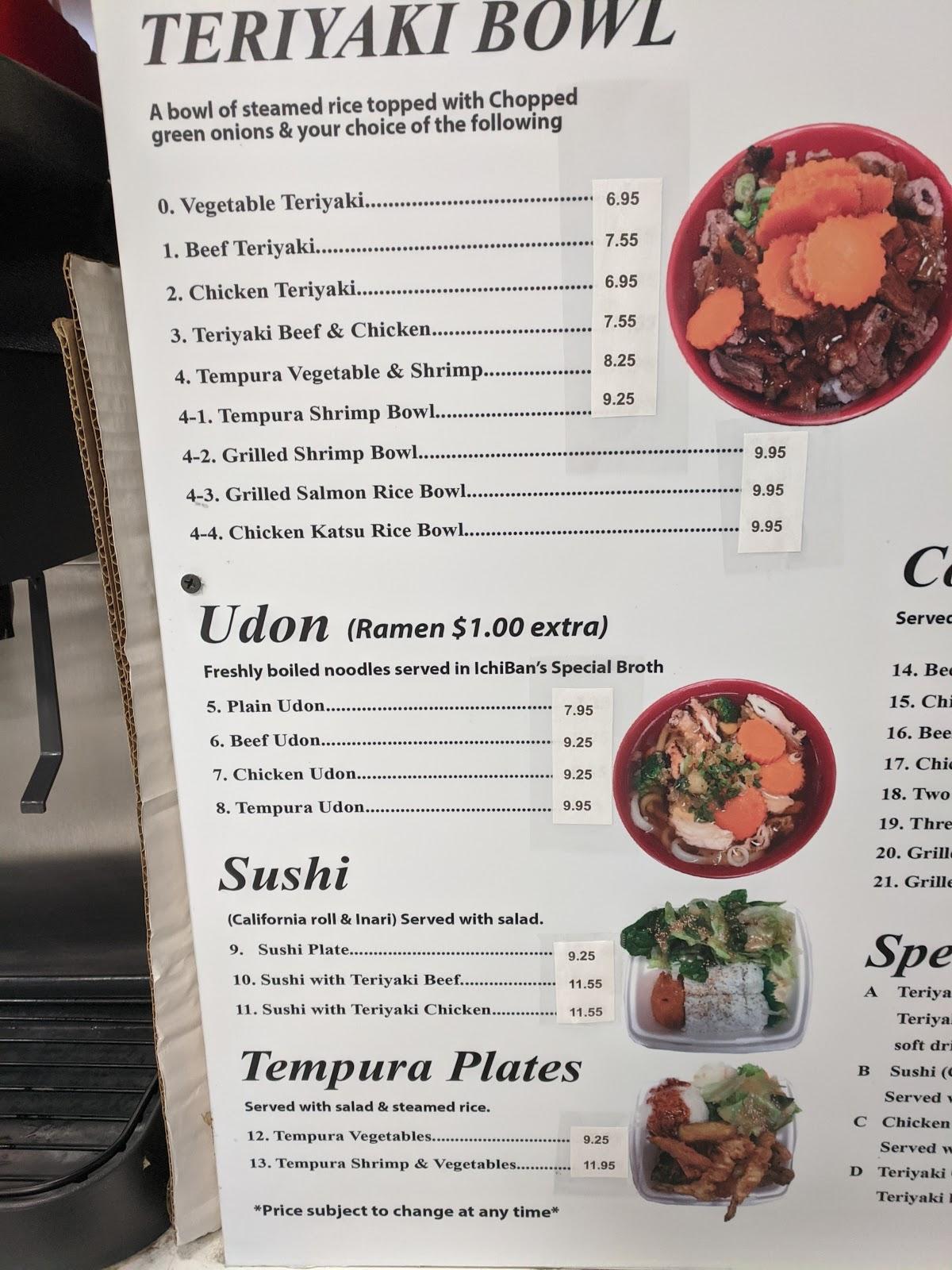 Menu at Ichiban restaurant, Fresno