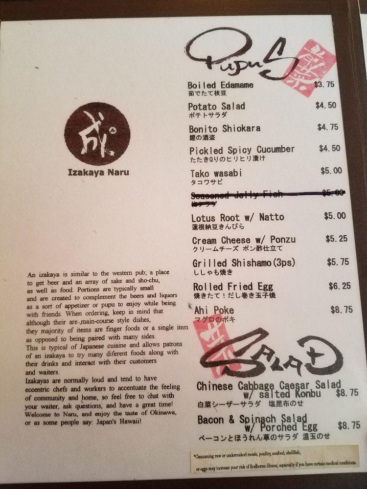 Menu at Izakaya Naru Honolulu restaurant, Honolulu
