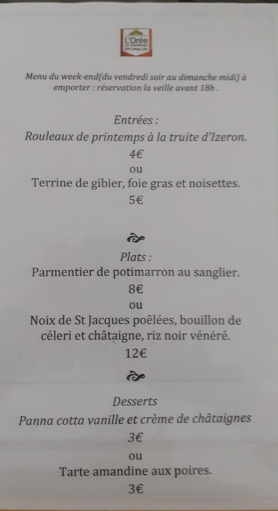 Menu au L'Orée des Chambaran, Chasselay