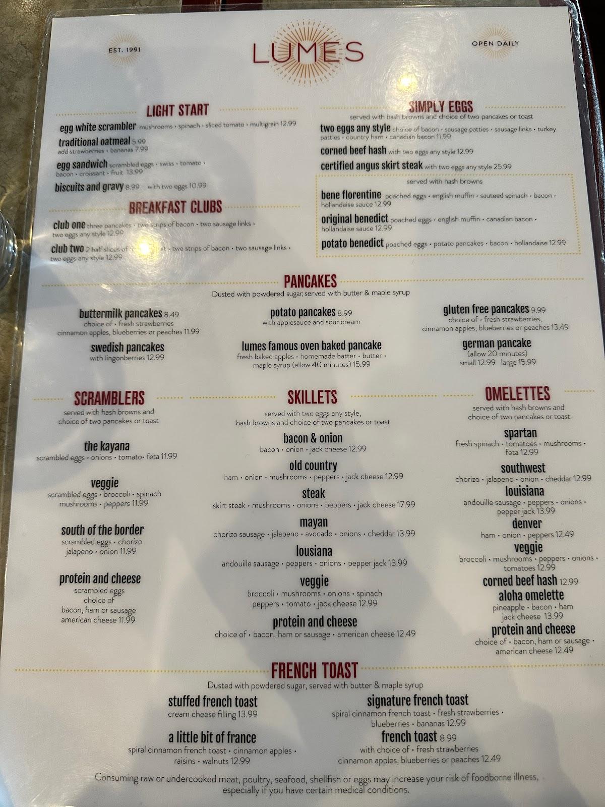 Menu at Lumes Pancake House restaurant, Orland Park, W 159th St