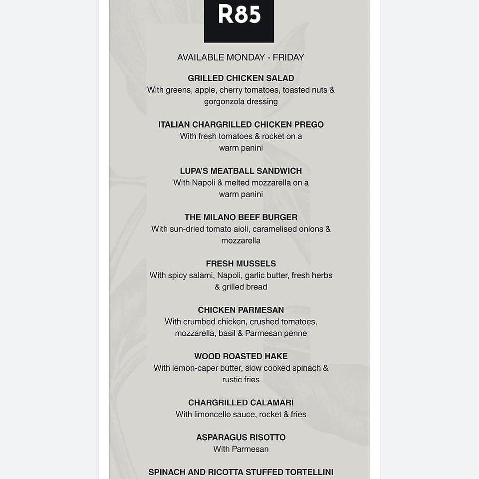 Menu at Lupa Osteria Umhlanga restaurant, Umhlanga, 14 Chartwell Dr