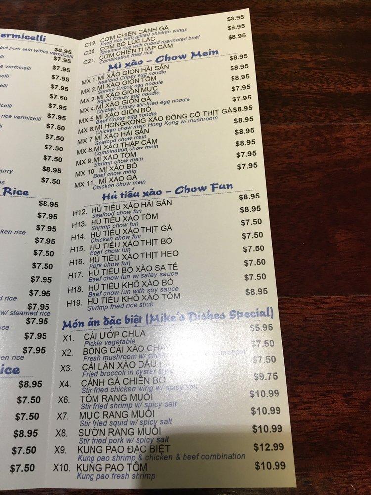 Menu at Mike's Café restaurant, Little Rock