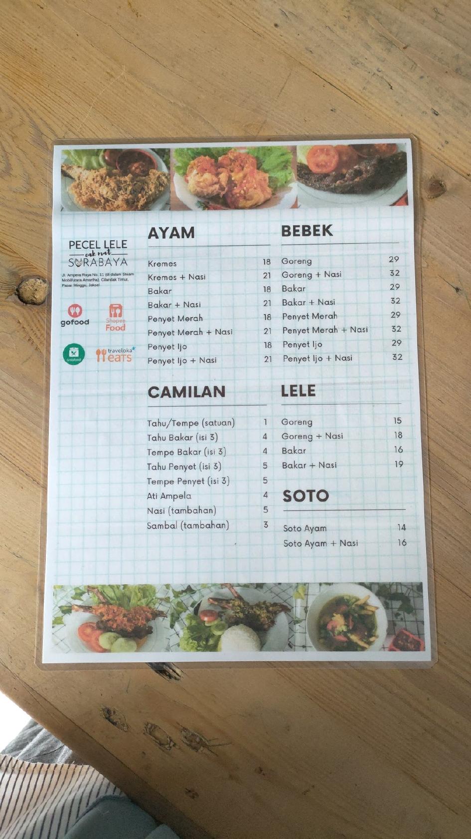 Menu at Pecel Lele Surabaya Cak Mat restaurant, South Jakarta