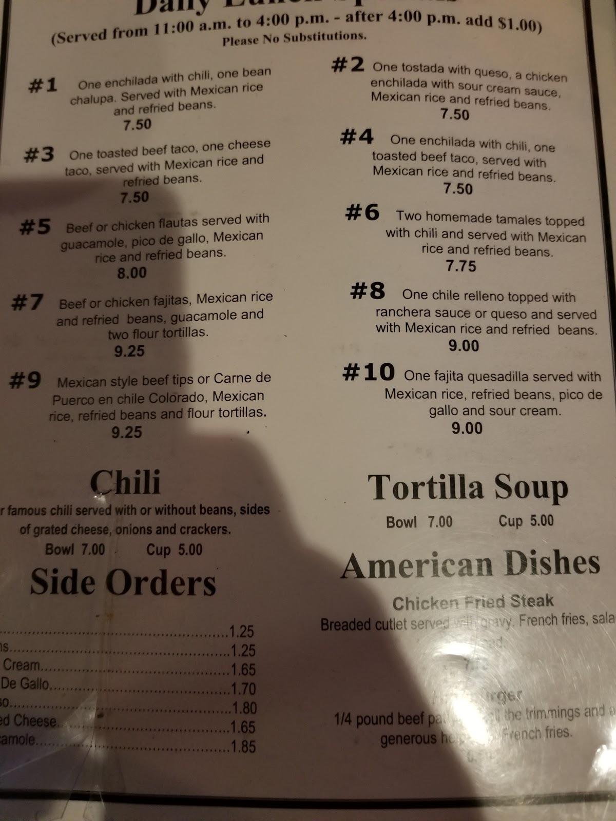 Menu at Pulido's restaurant, Benbrook, US-377
