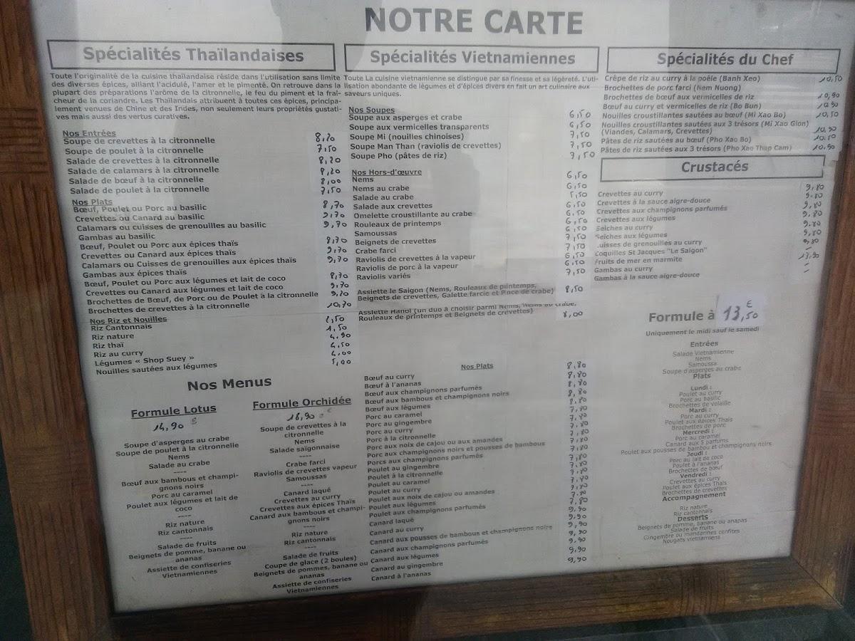 Menu at Le Saigon restaurant, Nantes