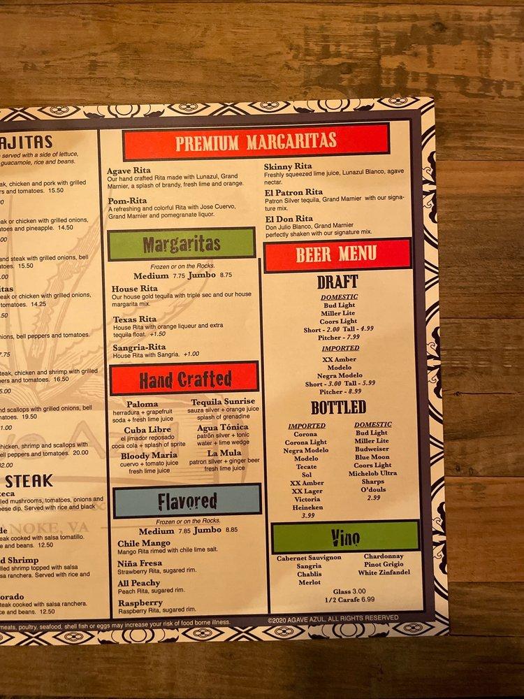 Menu at Agave Azul Mexican Grill & Bar, Roanoke