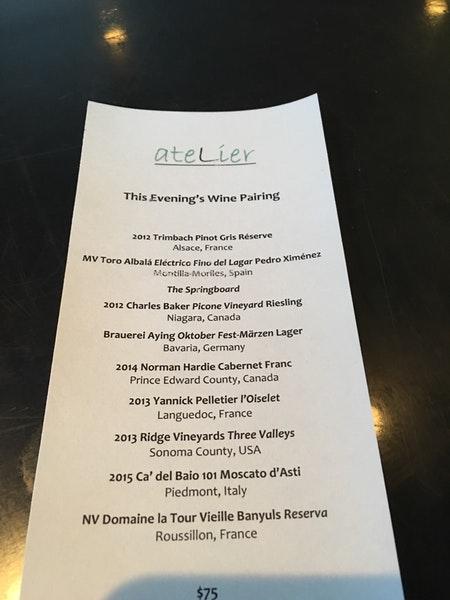 Menu at Atelier restaurant, Ottawa