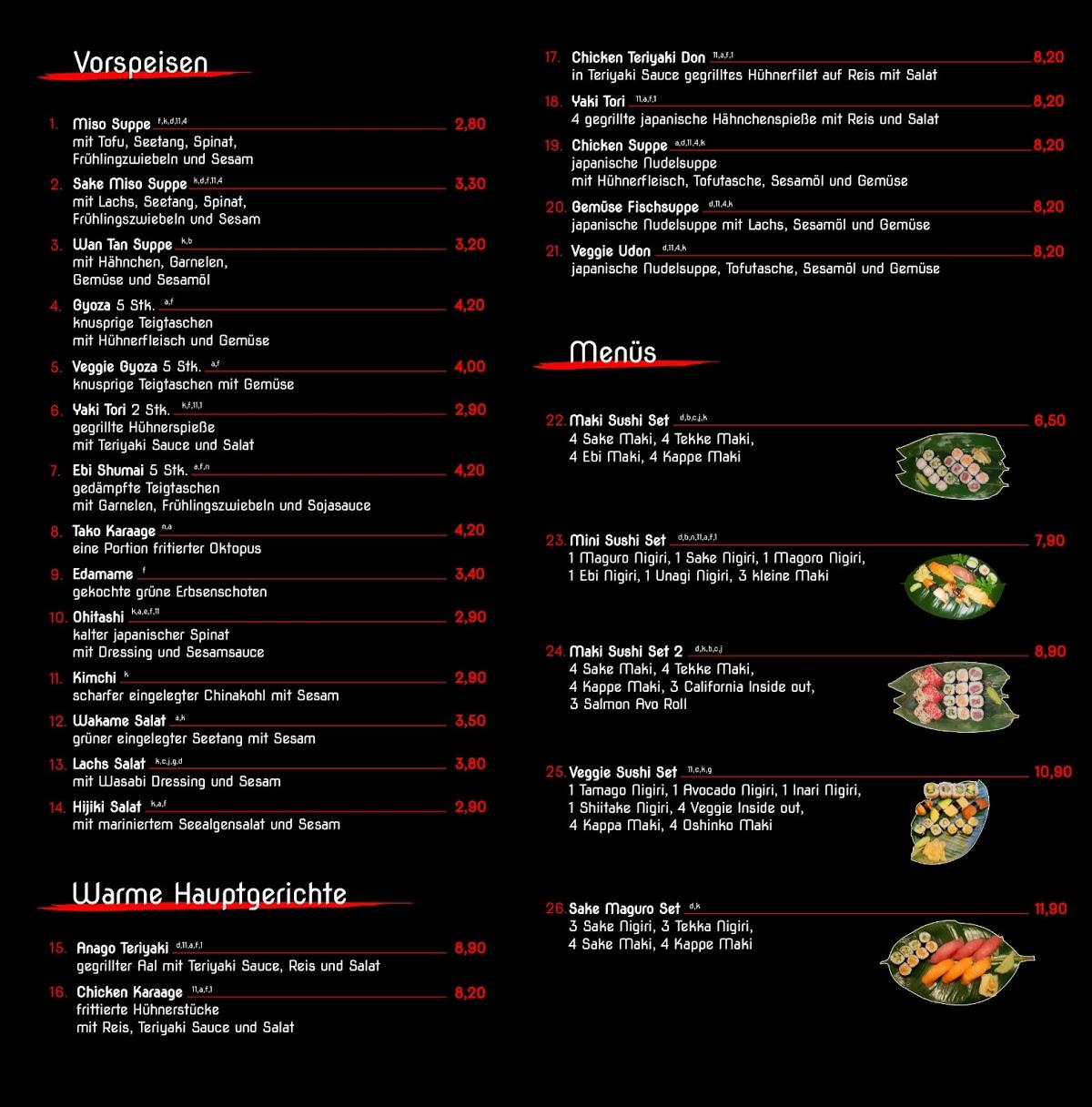Menu at California Sushi restaurant, Aachen
