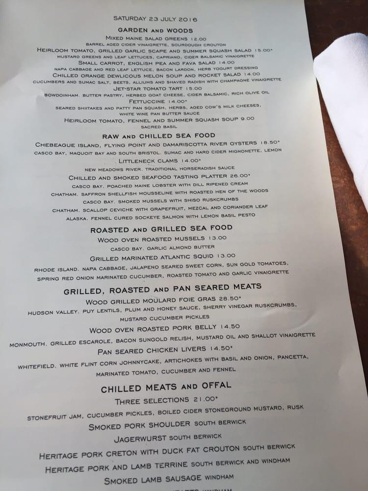 Menu at Fore Street Restaurant, Portland