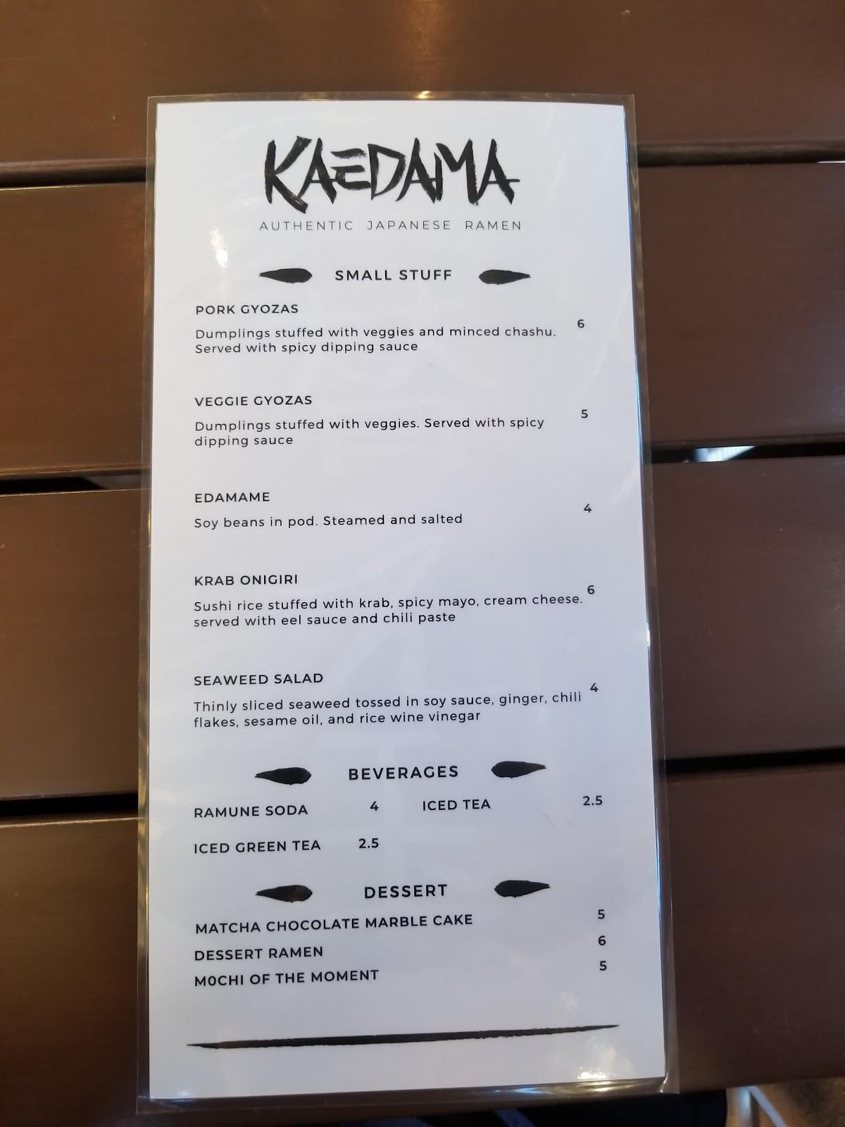 Menu at Kaedama restaurant, El Paso