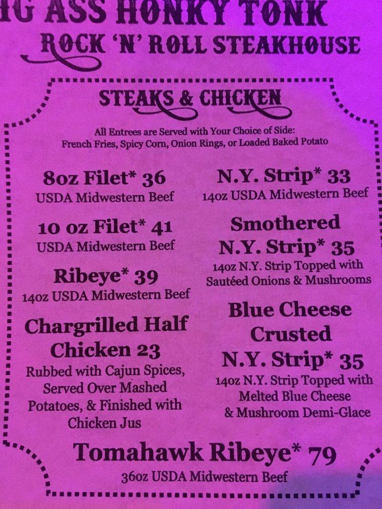 Menu at Kid Rock's Big Ass Honky Tonk Rock N' Roll Steakhouse, Nashville