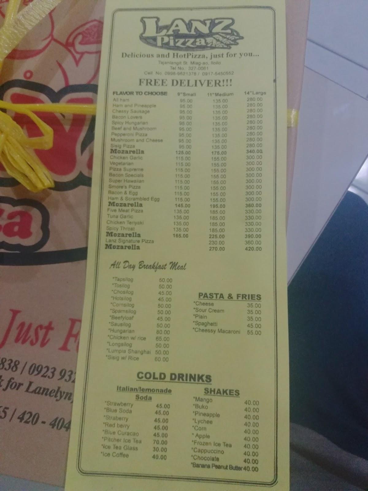 Menu at Lanz Pizza restaurant, Miagao
