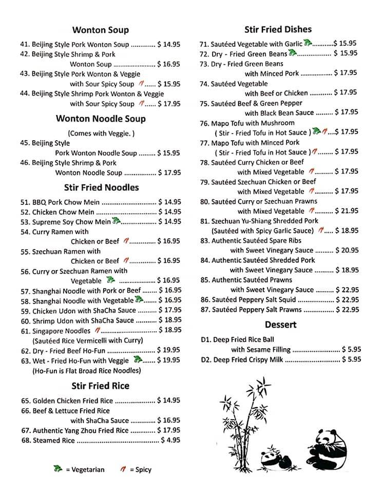 Menu at Panda Panda Noodle House restaurant, Whitehorse