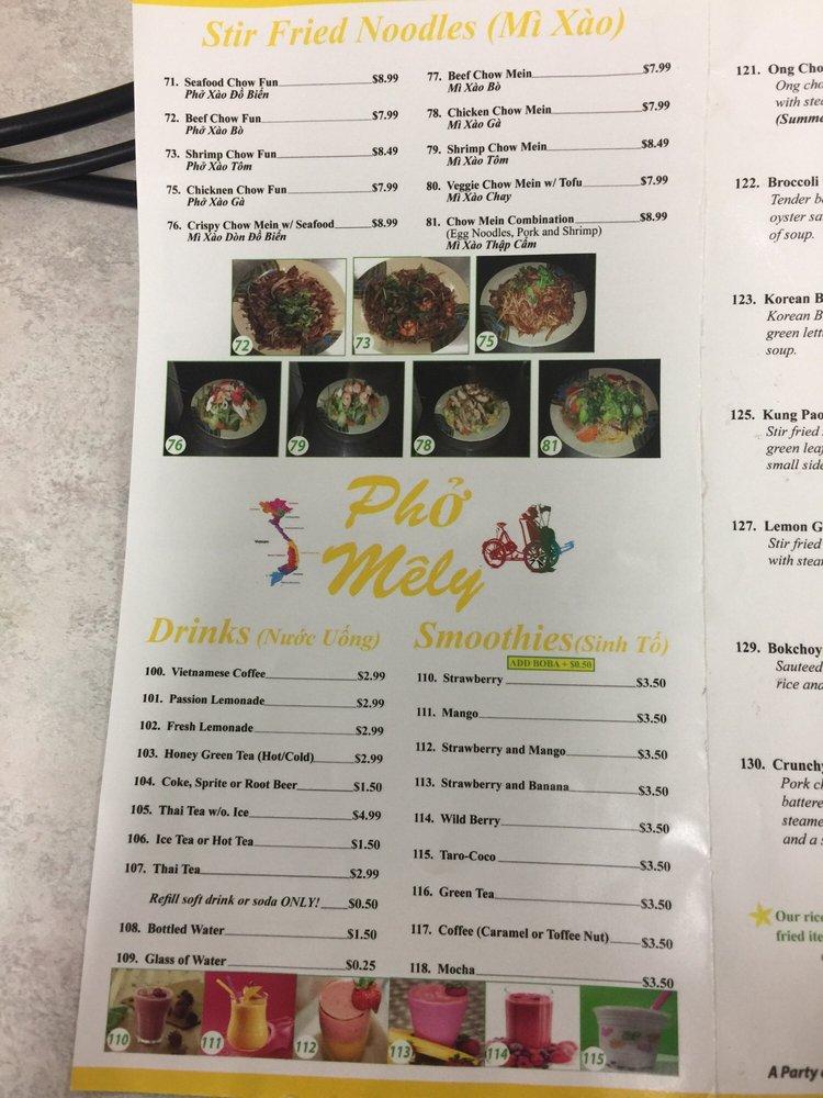 Menu at Pho Mely restaurant, Bellflower