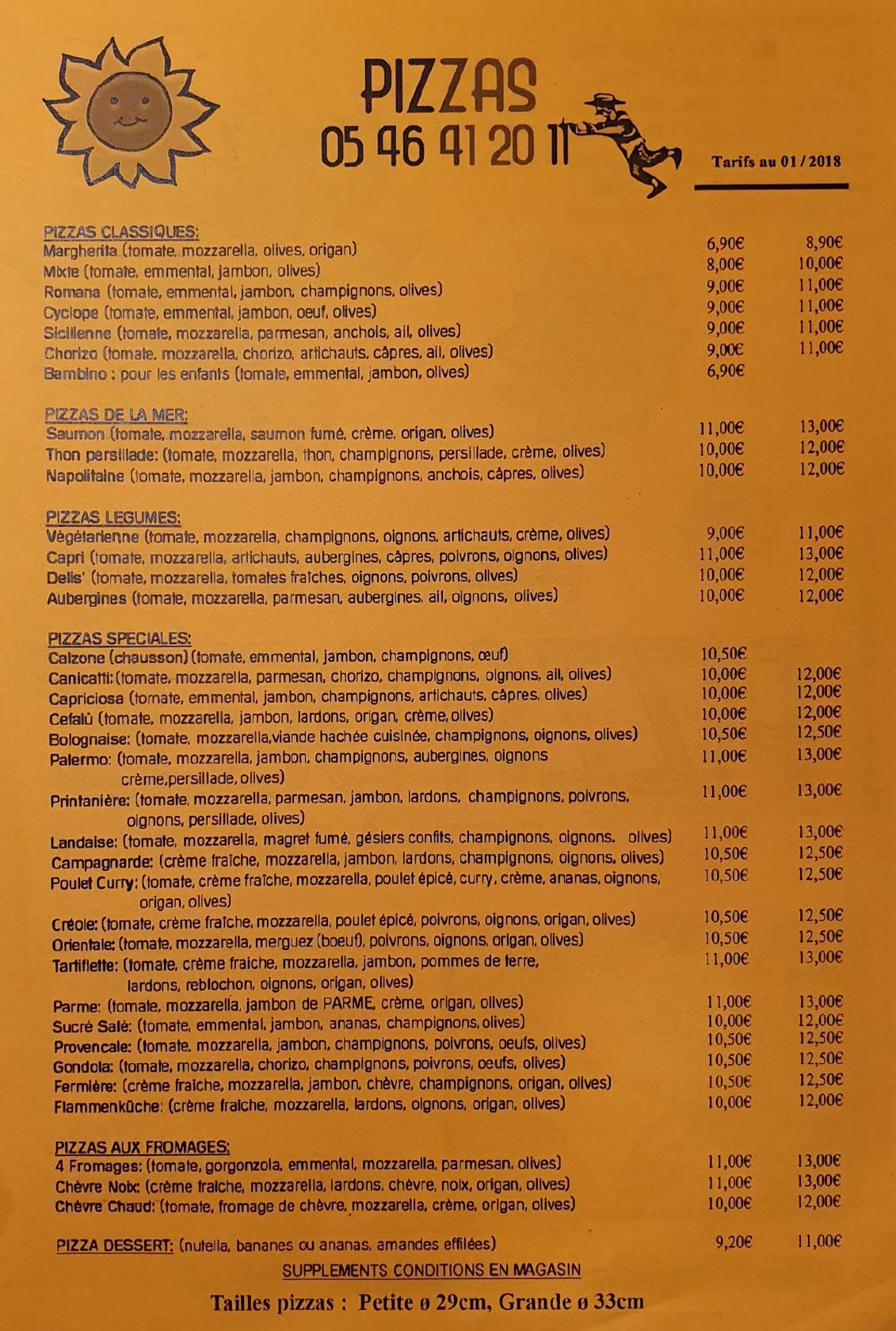 Menu at Pizza Delis' pizzeria, La Rochelle