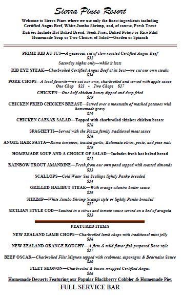 Menu at Sierra Pines Resort pub & bar, Sierra City