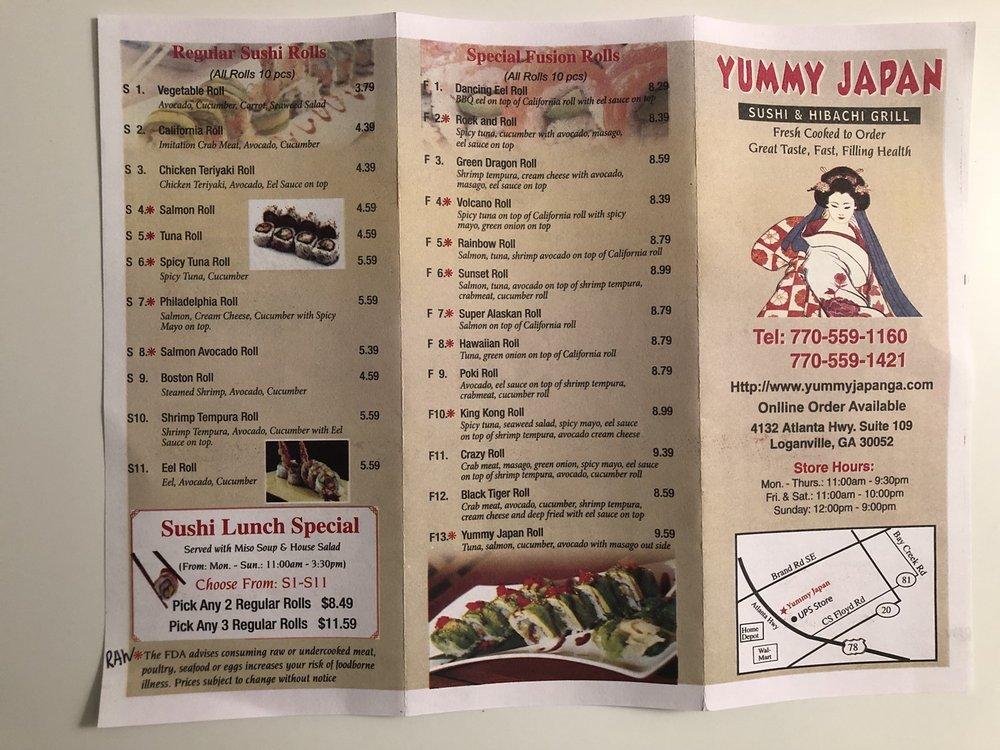 Menu at Yummy Japan restaurant, Loganville