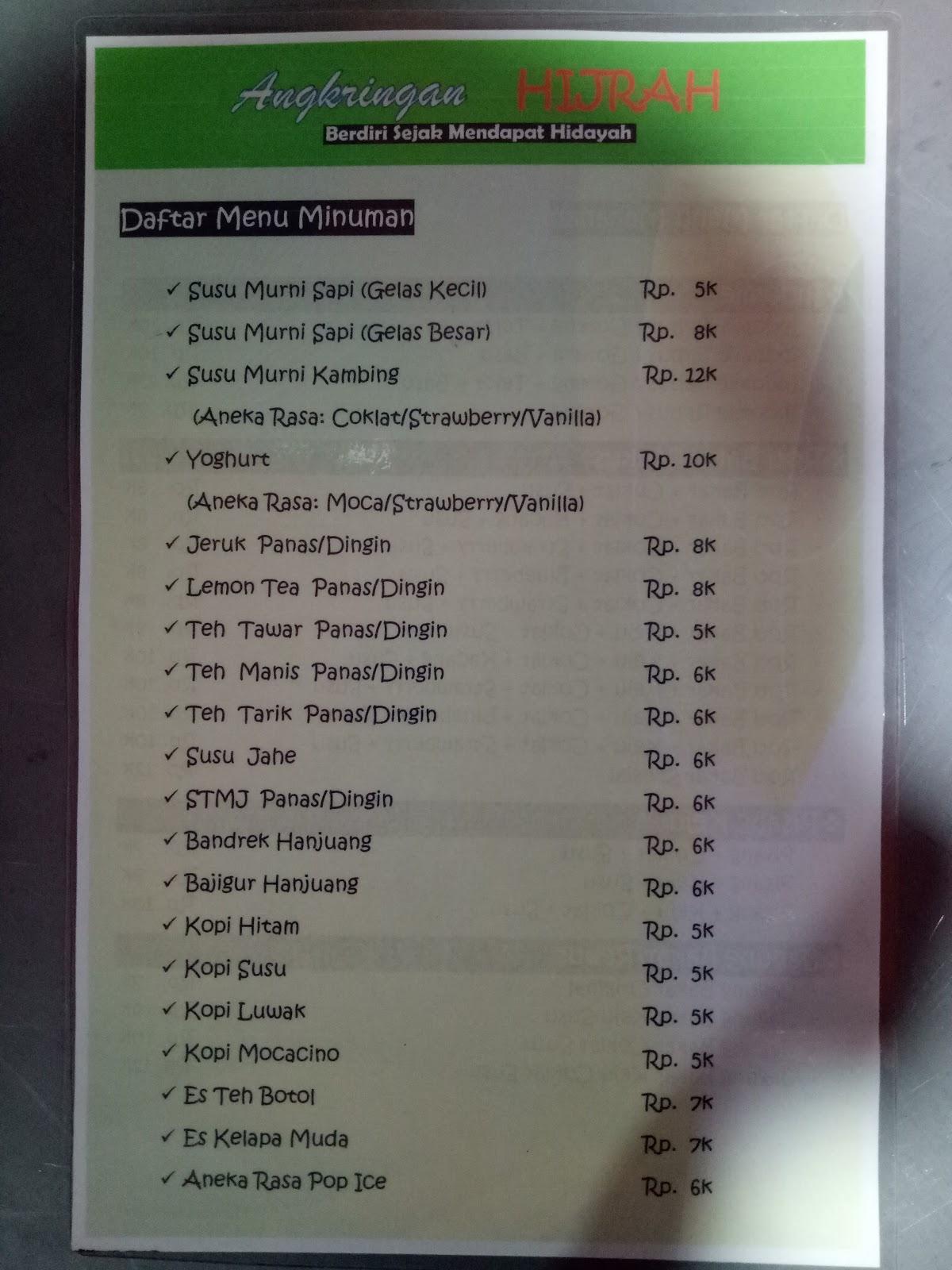 Menu at Angkringan Hijrah restaurant, Bandung, Jl. A.H. Nasution No 35 ...