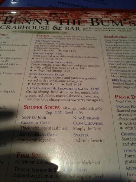 Menu at Benny The Bum's pub & bar, Philadelphia, Bustleton Ave #3