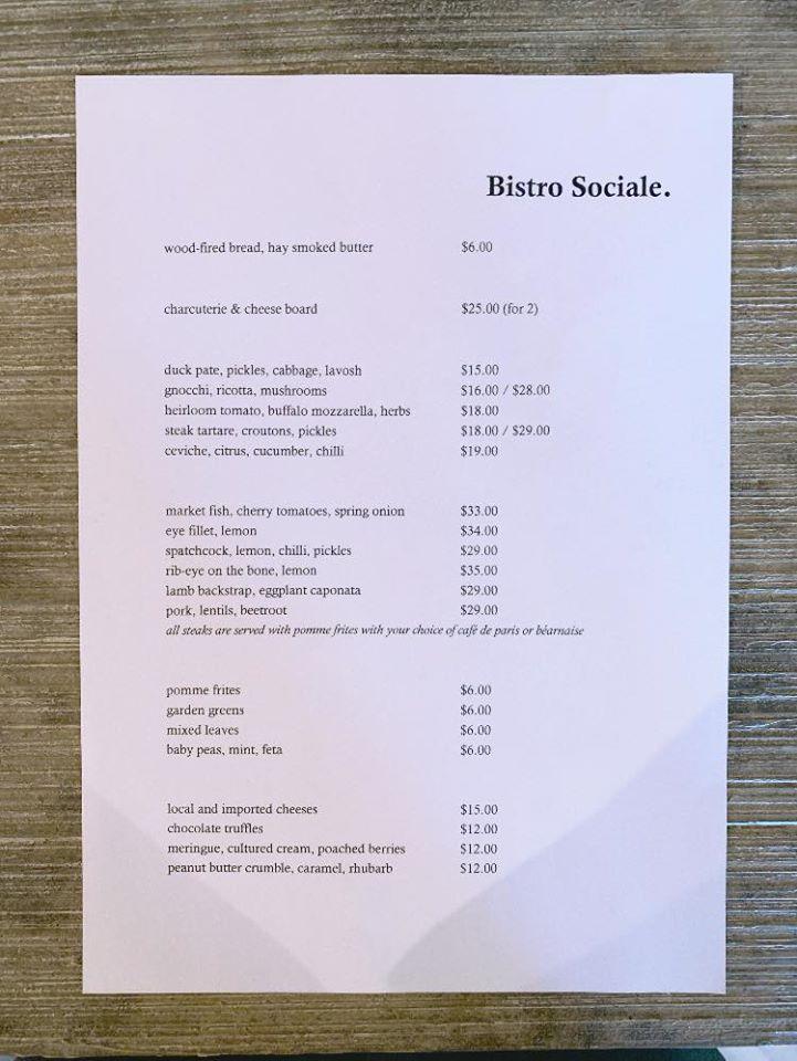 Menu at Bistro Sociale pub & bar, Bowral