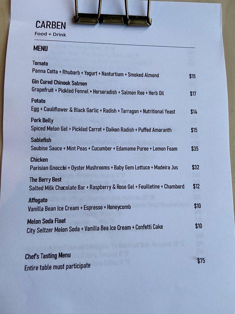 Menu at Carben Food + Drink restaurant, Ottawa