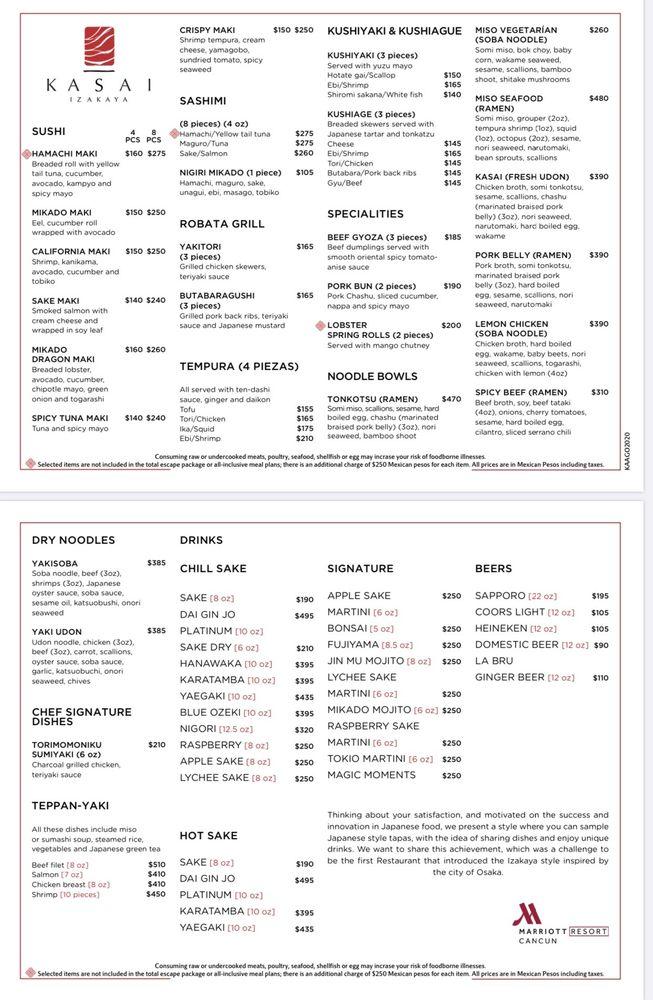 Menu at Kasai Izakaya & Ramen Noodle Bar, Cancún