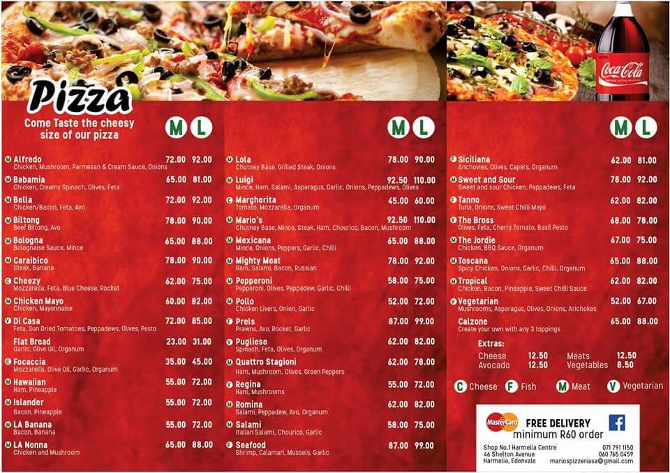 Menu at Mario's Pizzeria, Edenvale
