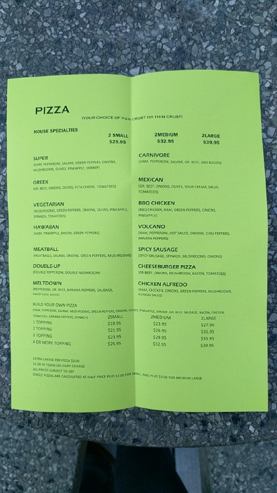 Menu at Mile O Pizza restaurant, Lillooet