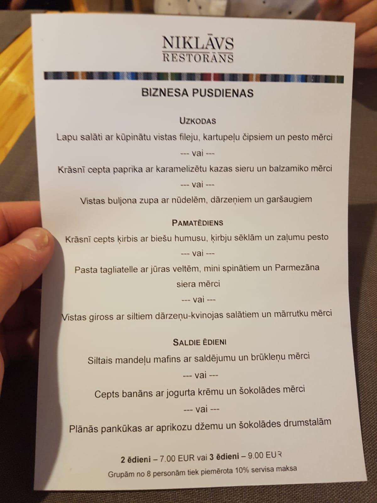 Speisekarte von Niklāvs restaurant, Riga