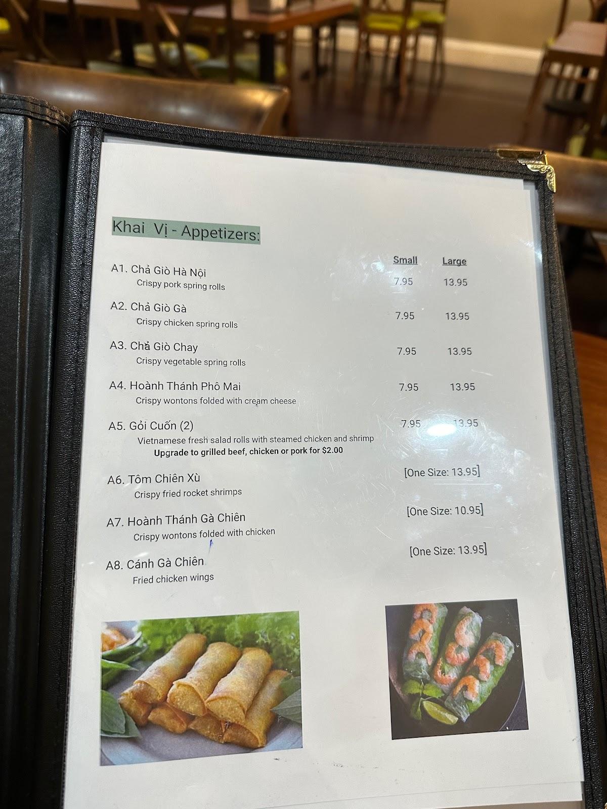 Menu at Pho Ha Noi restaurant, Toronto