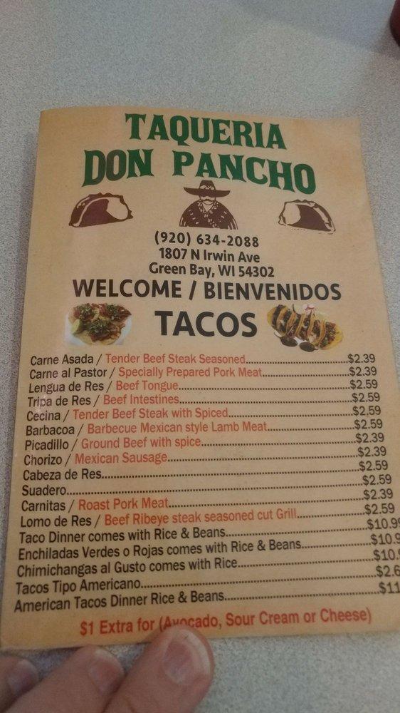 Menu at Taqueria Don Pancho restaurant, Green Bay