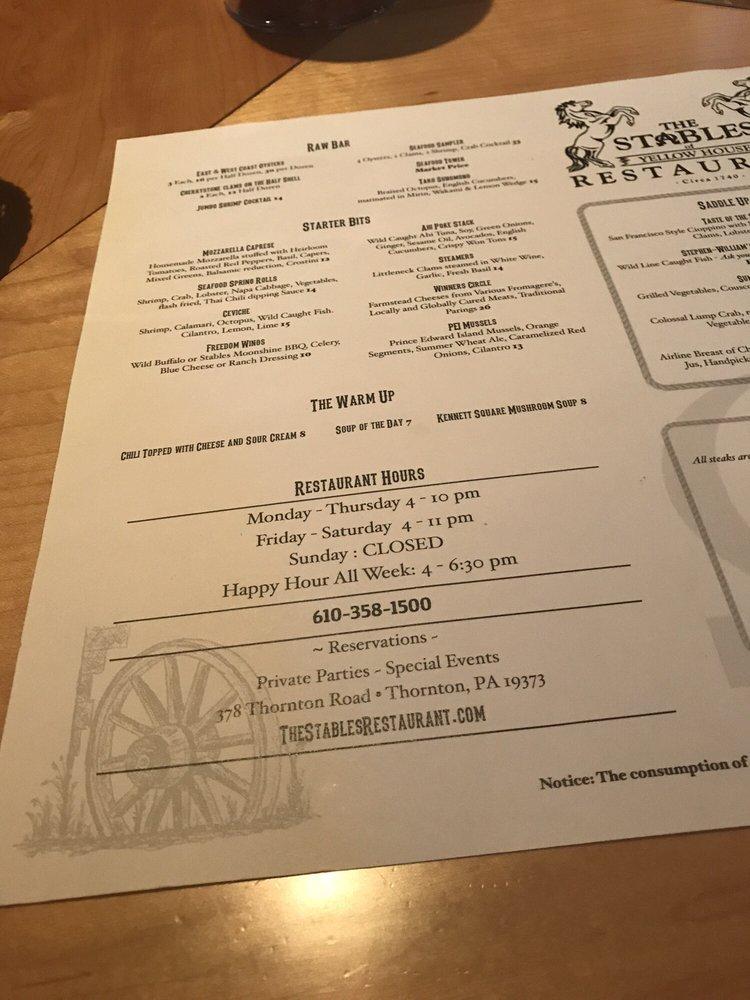 Menu at The Stables of Yellow House restaurant, Glen Mills