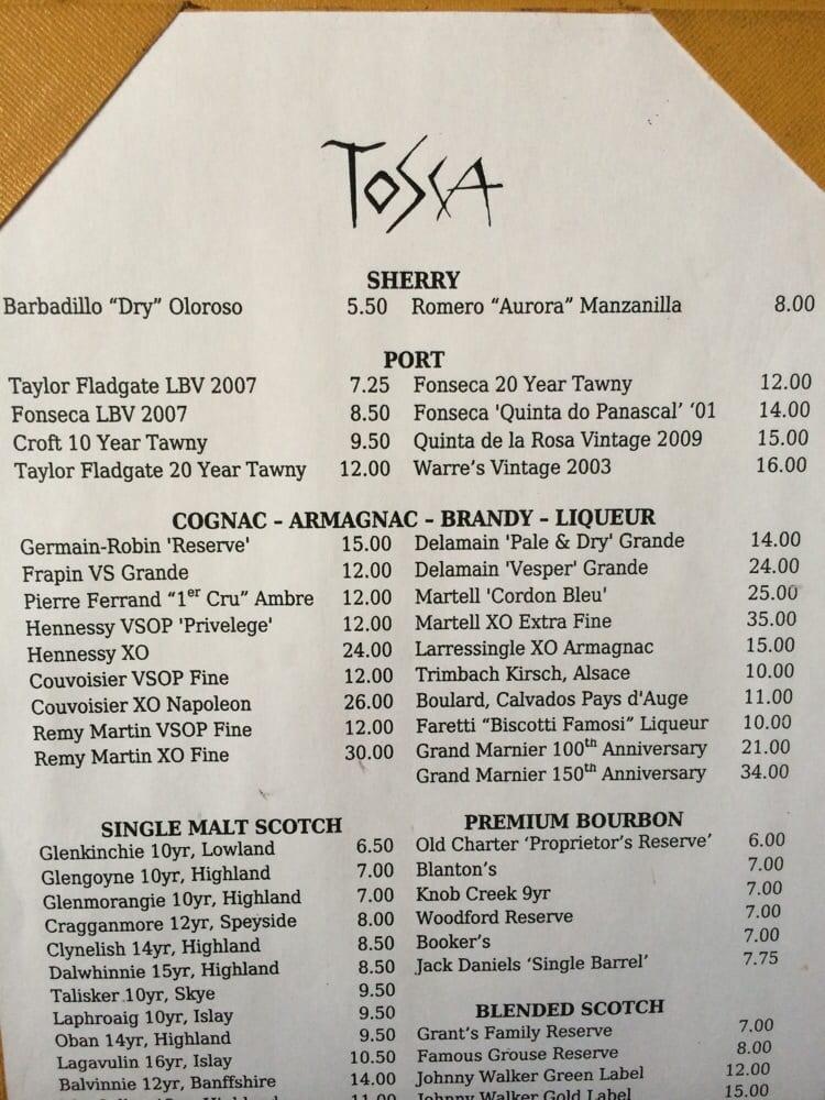 Menu at Tosca pub & bar, Hingham
