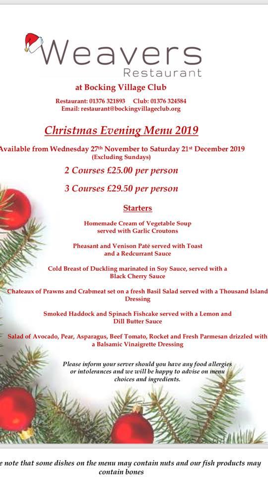 Menu at Weavers Bocking restaurant, Braintree
