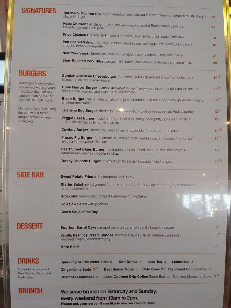 Menu at Eureka! restaurant, Santa Barbara, 601 Paseo Nuevo