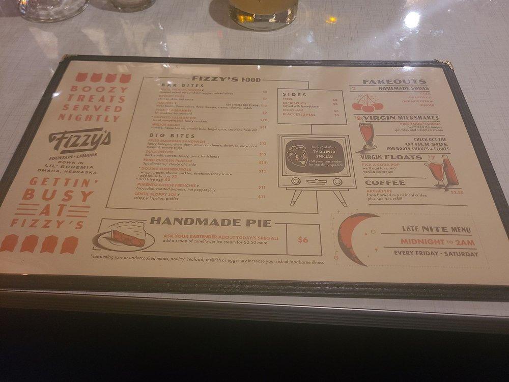 Menu at Fizzy's Fountain & Liquors pub & bar, Omaha