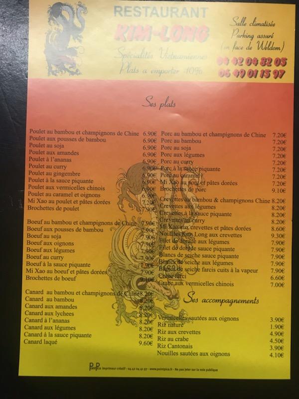 Menu at Kim-Long restaurant, La Destrousse, Route Nationale 96