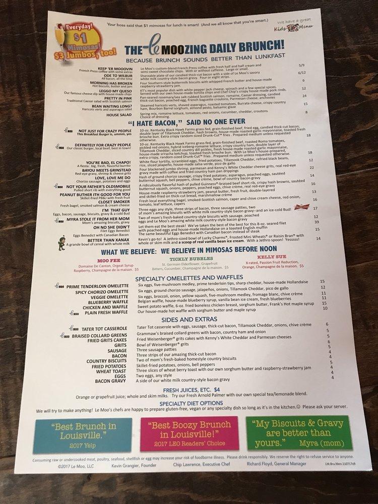 Menu at Le Moo steakhouse, Louisville