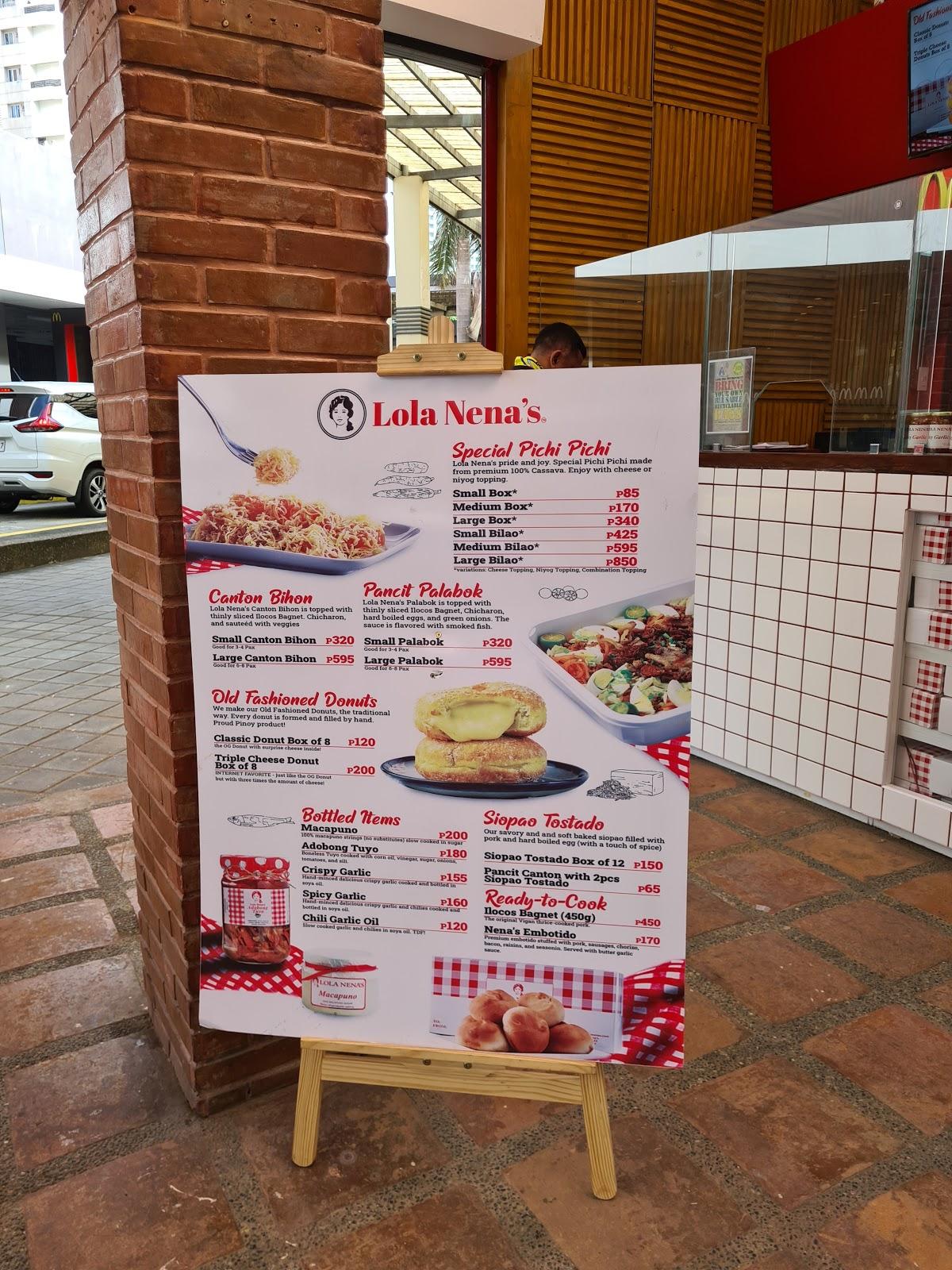 Menu at Lola Nena's Granada restaurant, Quezon City