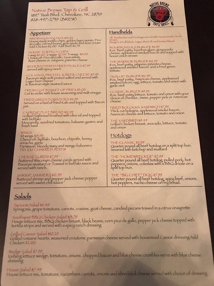 Menu at Native Brews Tap & Grill pub & bar, Cherokee