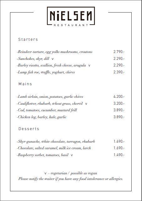 Menu at Nielsen restaurant, Egilsstaðir