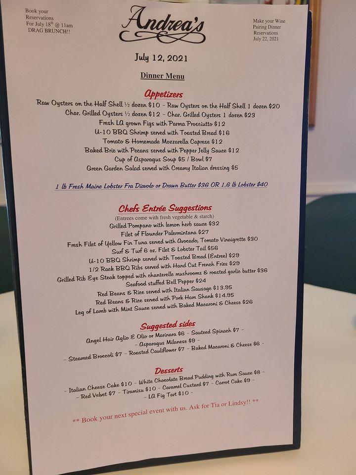 Menu at Andrea's Restaurant, Metairie