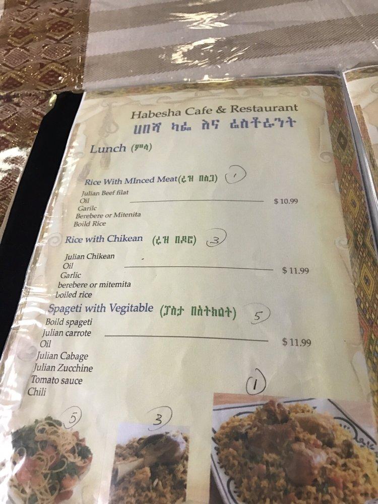 Menu at Habesha Ethiopian Restaurant, Cincinnati