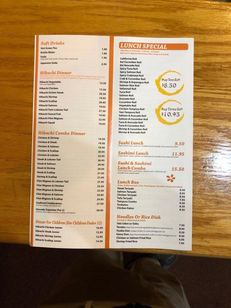 Menu at Honada Sushi & Hibachi restaurant, Kenosha