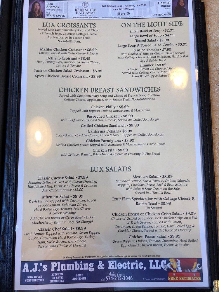 Menu at Lux Cafe, Goshen